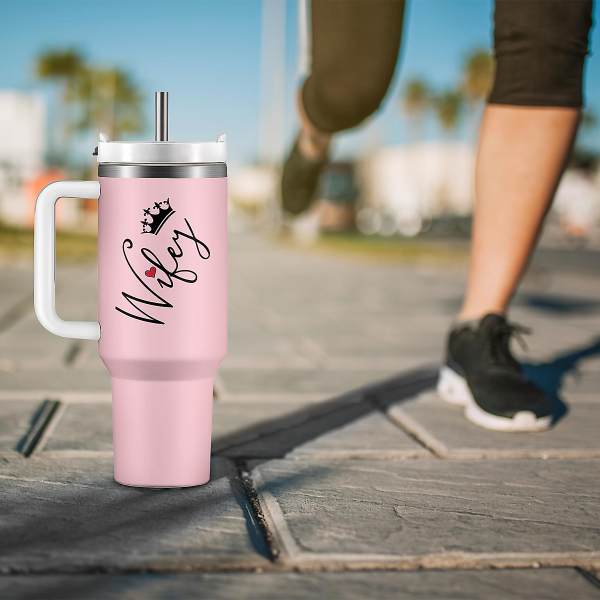 Wifey 40oz Insulated Travel Mug - Wifey Coffee Cup Tumbler with Handle, Anniversary & Birthday Gift for Wife Idea