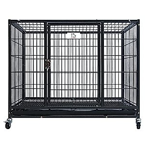 Homey Pet 37 inch Heavy Duty Dog Crate, Extra Strong Dog Cage for Medium Dog, Indoor High Anxiety Double Door Dog Crate on Wheels with Removable Tray