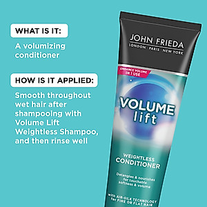 John Frieda Volume Lift Weightless Conditioner, Volumizing Conditioner with Air-Silk Technology for Fine or Flat Hair, Adds Natural Fullness, Safe for Color-Treated Hair, 8.45 Oz, Pack of 2