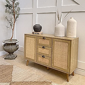 PHI VILLA Sideboard Buffet Cabinet with Storage Console Table Woven Rattan Cabinet Coffee Bar Kitchen Dining Room Living Room Storage Cabinet Accent Cabinet with Doors and Drawers