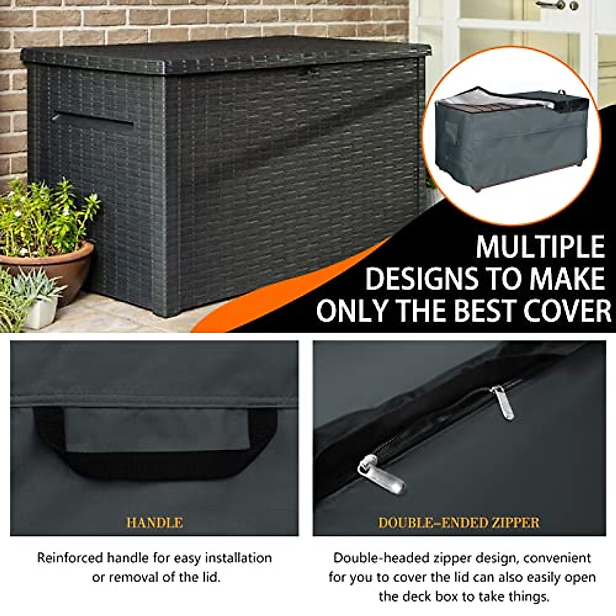 DUSTYPROTE Patio Storage Box Covers, Quick Open Outdoor Deck Boxs Top with Zipper and Pockets Garden Deck Box Covers Waterproof,Storage Container Covers(Gray,52x30x25in)