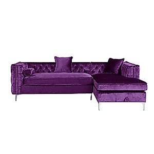 Iconic Home Da Vinci Velvet Modern Contemporary Button Tufted with Silver Nailhead Trim Silvertone Metal Y-Leg Right Facing Sectional Sofa, Purple