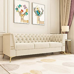 Lunanniu Beige Velvet Couch Sofa, 82" Mid-Century Modern 3 Seater Couches with Flared Arms and Removable Cushions, Upholstered Tufted Chesterfield Velvet Sofa with Gold Legs for Living Room (Beige)