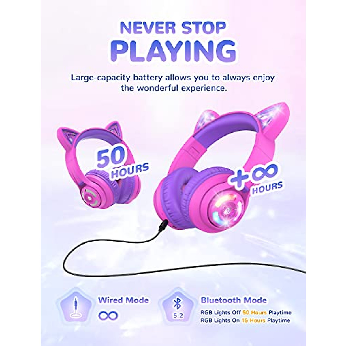 iClever Cat Ear Kids Bluetooth Headphones, LED Lights Up, 74/85/94dB Volume Limited, 50H Playtime,Bluetooth 5.2, USB C,Kids Headphones Wireless Over Ear for Travel iPad Tablet, Meow Macaron-Hot Pink