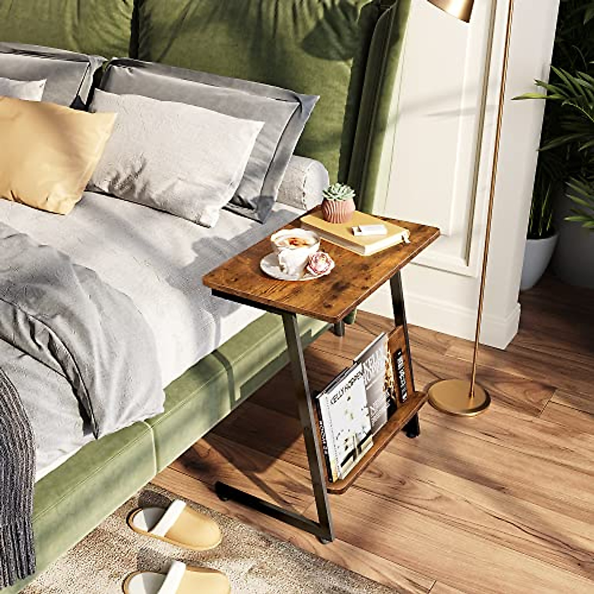 WLIVE Snack Side Table, C Shaped End Table with Magazine Rack for Sofa Couch and Bed, TV Tray Table with Metal Frame, Industrial, for Living Room, Bedroom, Easy Assembly,Rustic Brown and Black