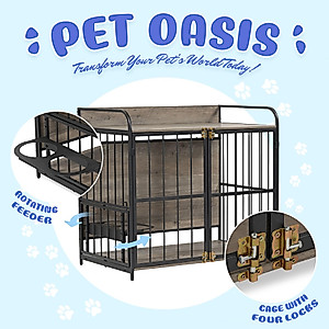 Merax 39” Heavy Duty Large Dog Crate Indoor Furniture, Wooden Metal Kennel Pet Cage with Double Doors & Adjustable Feeder Stand & Side End Table Storage, Grey