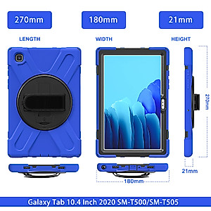 Rugged Case for Samsung Galaxy Tab A7 10.4" 2022/2020(SM-T500/T503/T505/T507/T509), Portable Hybrid Shock-Proof Cover with 360° Rotatable Hook&Loop Handle,Shoulder Strap (Blue)
