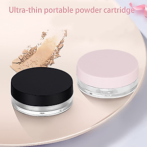 GIYOMI 2PCS Portable Loose Powder Container Makeup Case Travel Kit 10ml Compact Container DIY Makeup Powder Case with Sponge Powder Puff,Elasticated Net Sifter and Threaded Screw Lid(Black+Pink)
