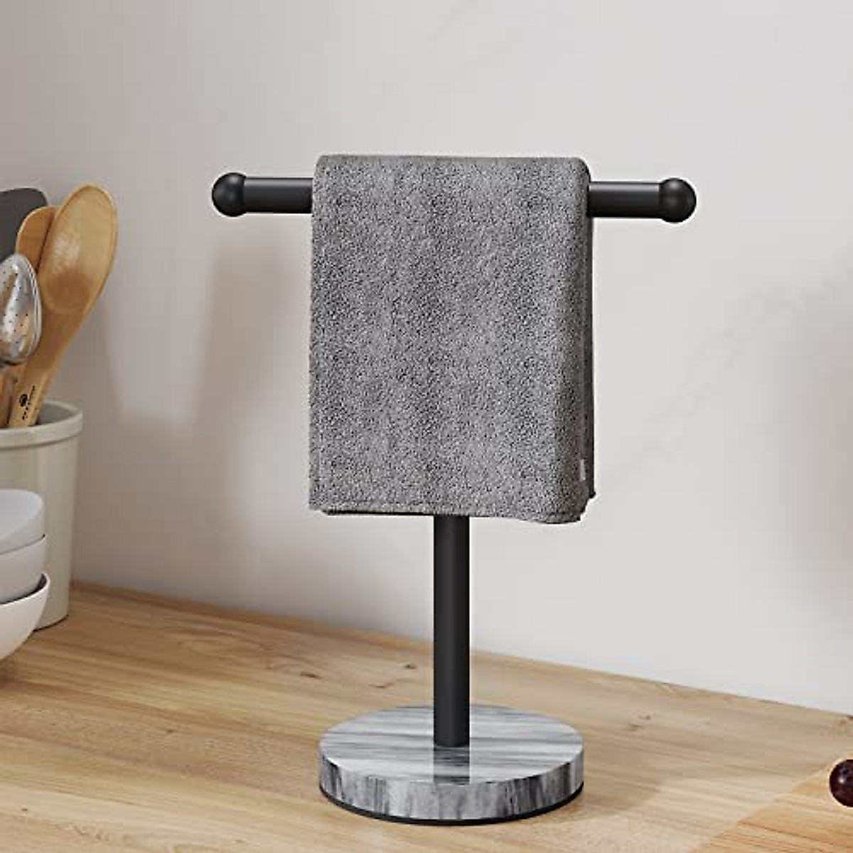 Hand Towel Holder Stand, Pynsseu Counter Freestanding Towel Rack with Marble Base, SUS304 Stainless Steel T-Shape Face Towels Standing for Bathroom Kitchen Vanity Countertop (Matte Black)