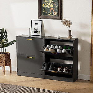 NOVAMAISON Shoe Cabinet for Entryway Slim, Black Narrow Hidden Shoe Storage Cabinet, 2 Flip Drawers Shoe Cabinet, Freestanding Shoe Organizer Cabinet for Hallway