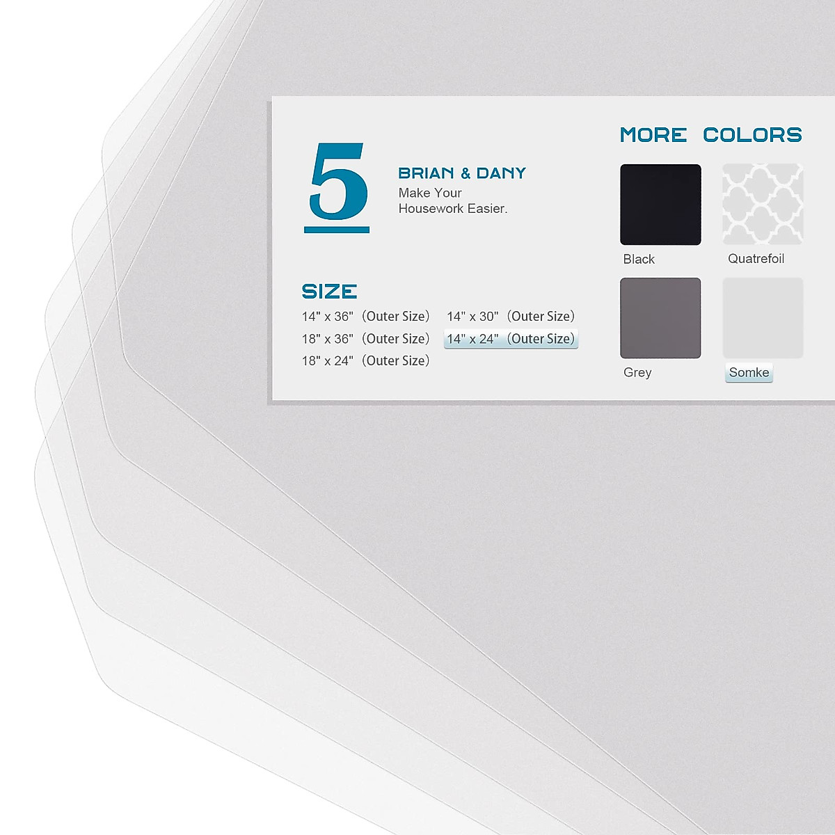 BRIAN & DANY Wire Shelf Liner 14" X 24", Heavy Duty Shelf Liners for Wire Shelving, Waterproof Protector Mats, Set of 5, Transparent