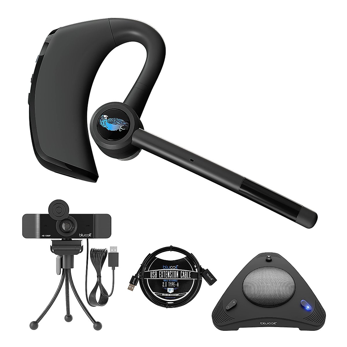 BlueParrott M300-XT in Ear Bluetooth Headset with Noise Cancelling Microphone for iOS & Android Bundle with Blucoil 1080p USB Webcam, USB Conference Speakerphone, and 3' USB Extension Cable