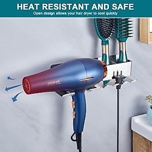 Hair Dryer Holder Wall Mounted, Blow Dryer Organizer, Hair Tool Organizer, Adhesive Blow Dryer Holder for Bathroom, Stainless Steel Hair Dryer Stand with Plug Hook & Storage Compartment