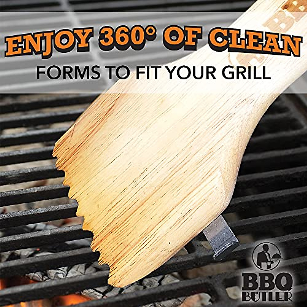 BBQ Butler Wood Grill Scraper - Wooden Barbecue Cleaner - BBQ Tools - Bristle Free - Food Safe Oak Grill Scraper with Metal Scraping Hook and Bottle Opener