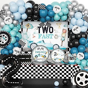 Fiesec Two Fast Birthday Decor, 2nd Birthday Decorations for Boys, Race Car Second Party Supplies, Retro Vintage Car Backdrop Balloon Tablecloth Cake Topper Tableware Set Plates Napkins Forks
