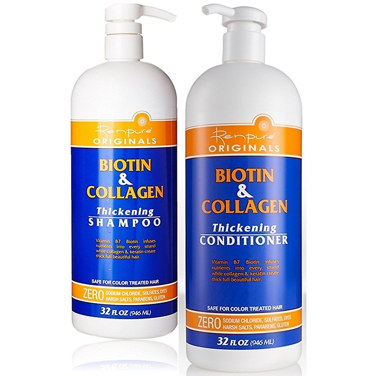 Renpure Originals Biotin & Collagen Thickening Shampoo And Conditioner Set 32 Oz (Zero Sodium Chloride, Sulfate, Dyes Harsh Salts, Parabens, Gluten)