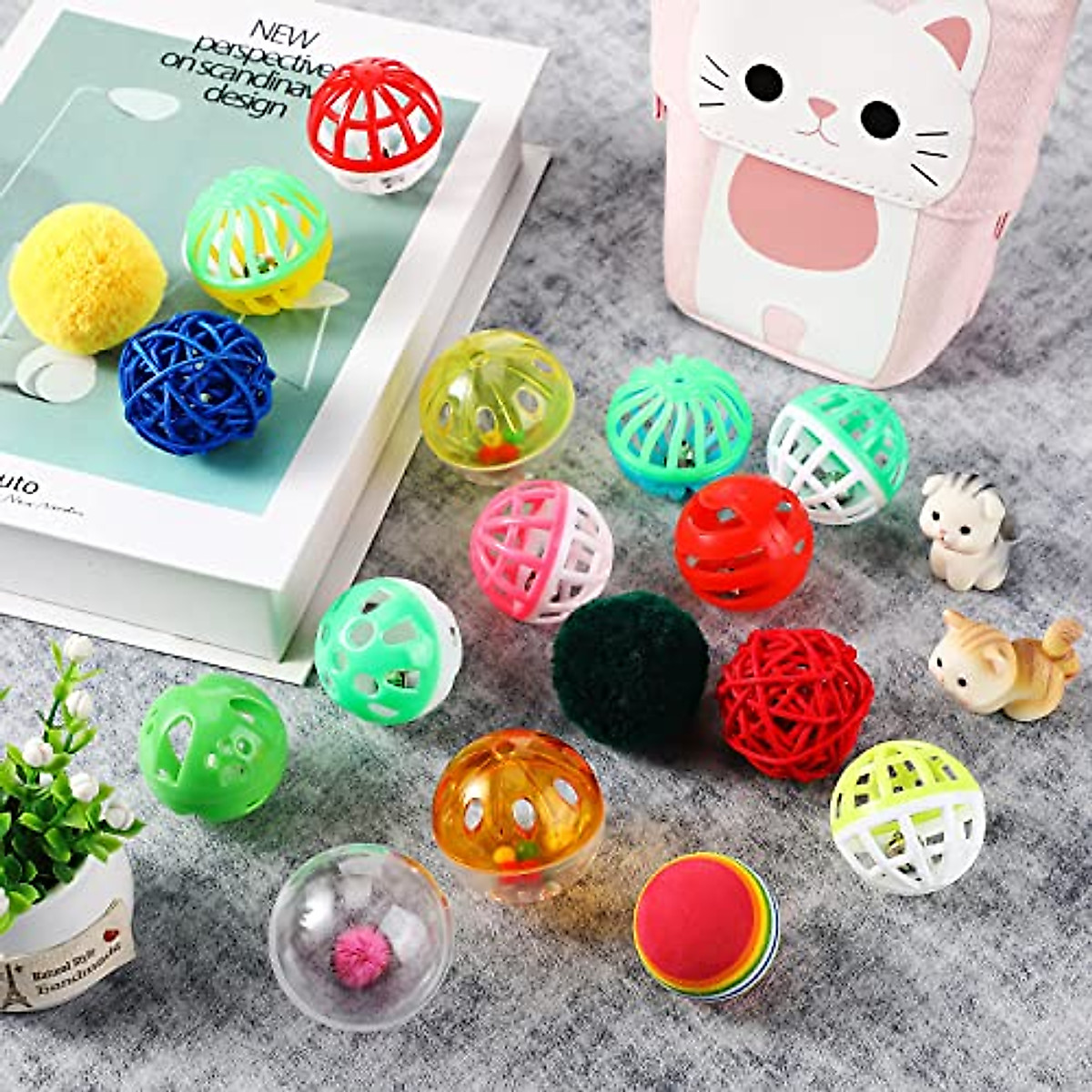 Deekin 60 Pack Cat Toys Plastic Noisy Cat Toy Balls with Bell Kitten Chase Pounce Rattle Toy Assortments Including Rainbow Foam Ball, Furry Pompom Ball, Sisal Ball for Cats (Assorted Style)
