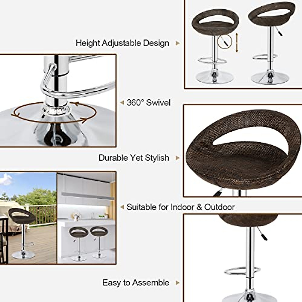 ZenStyle Set of 2 Rattan Style Open Back Swivel Barstool Height Adjustable Brown Wicker 360° Swivel Patio Bar Stool for Indoor and Outdoor