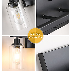 Bathroom Light Fixtures, Black 2-Light Vanity Lights, Modern Bathroom Vanity Light with Clear Glass Shade, Wall Lamp with Metal Frame over Mirror, Vanity Lights for Washroom Bedroom Hallway E26 Base