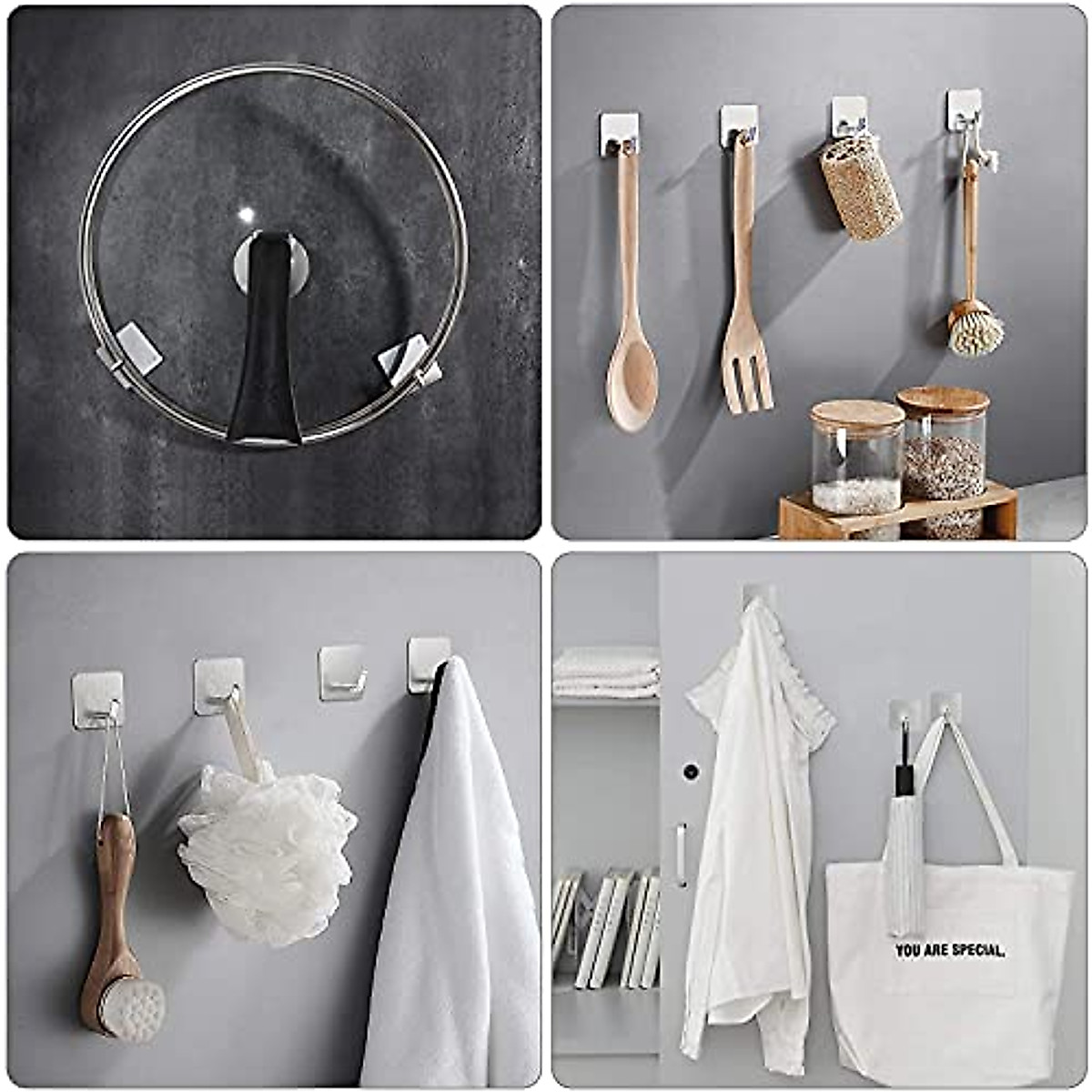 Heavy Duty Adhesive Hooks, Stick on Wall Adhesive Hangers, Strong Stainless Steel Holder, Self Adhesive Hooks for Kitchen Bathroom Home Door Towel Coat Key Robe 4 Packs (Silver)