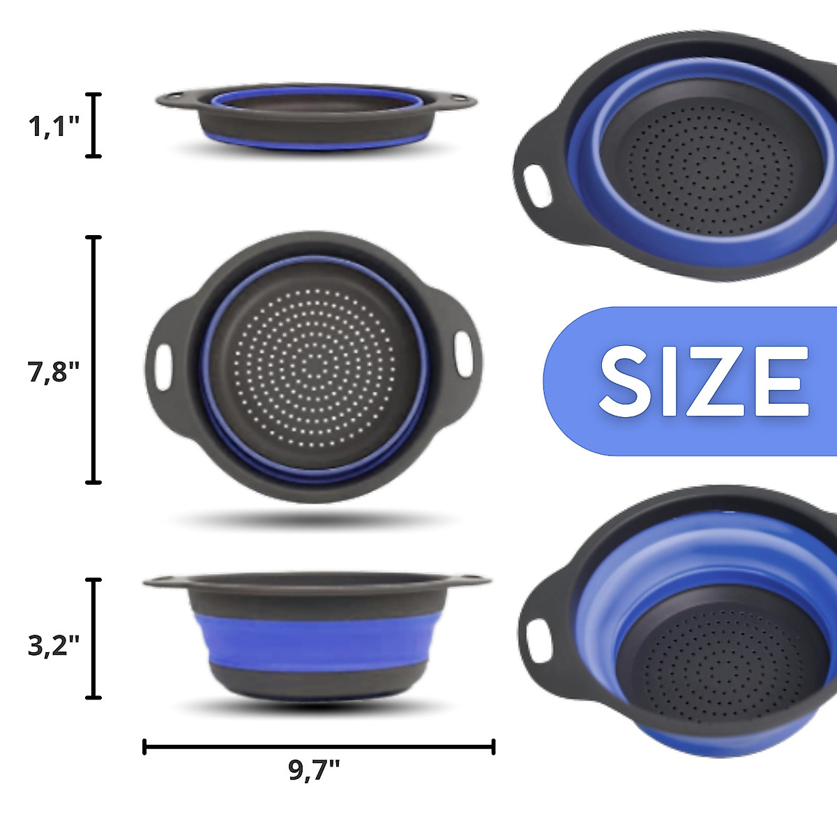 Round Silicone Blue Colander Collapsible – Foldable Kitchen Strainer Small Collapsible Colander Blue with Plastic Handles for Draining Vegetable and Fruit Round Silicone Kitchen Strainer for Pasta