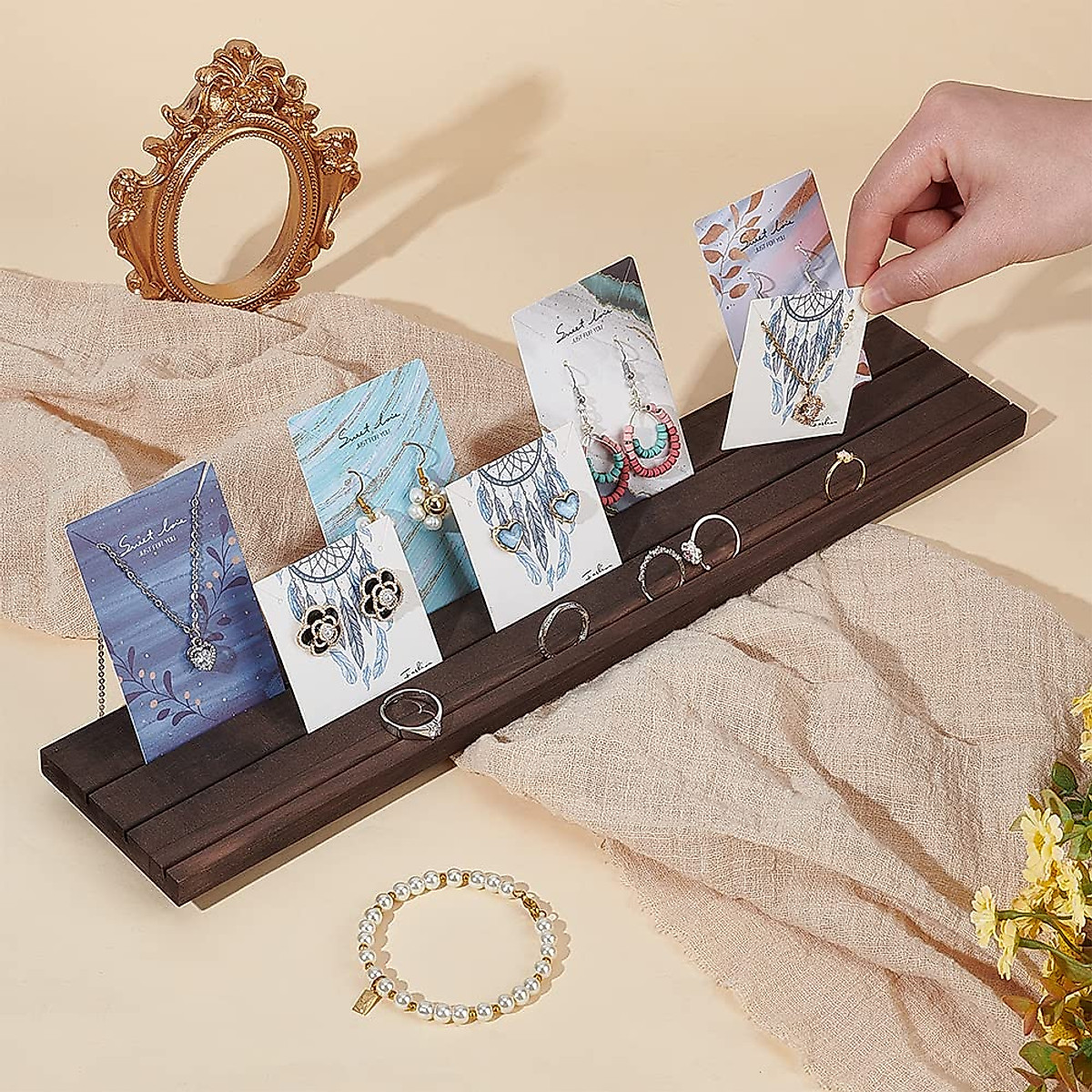 PH PandaHall Wooden Jewelry Display Stands, 3-slot Wood Earring Card Holder Portable Jewelry Organizer Table Displays for Selling Earring Showing Jewelry Displaying, 15x3inch, Brown