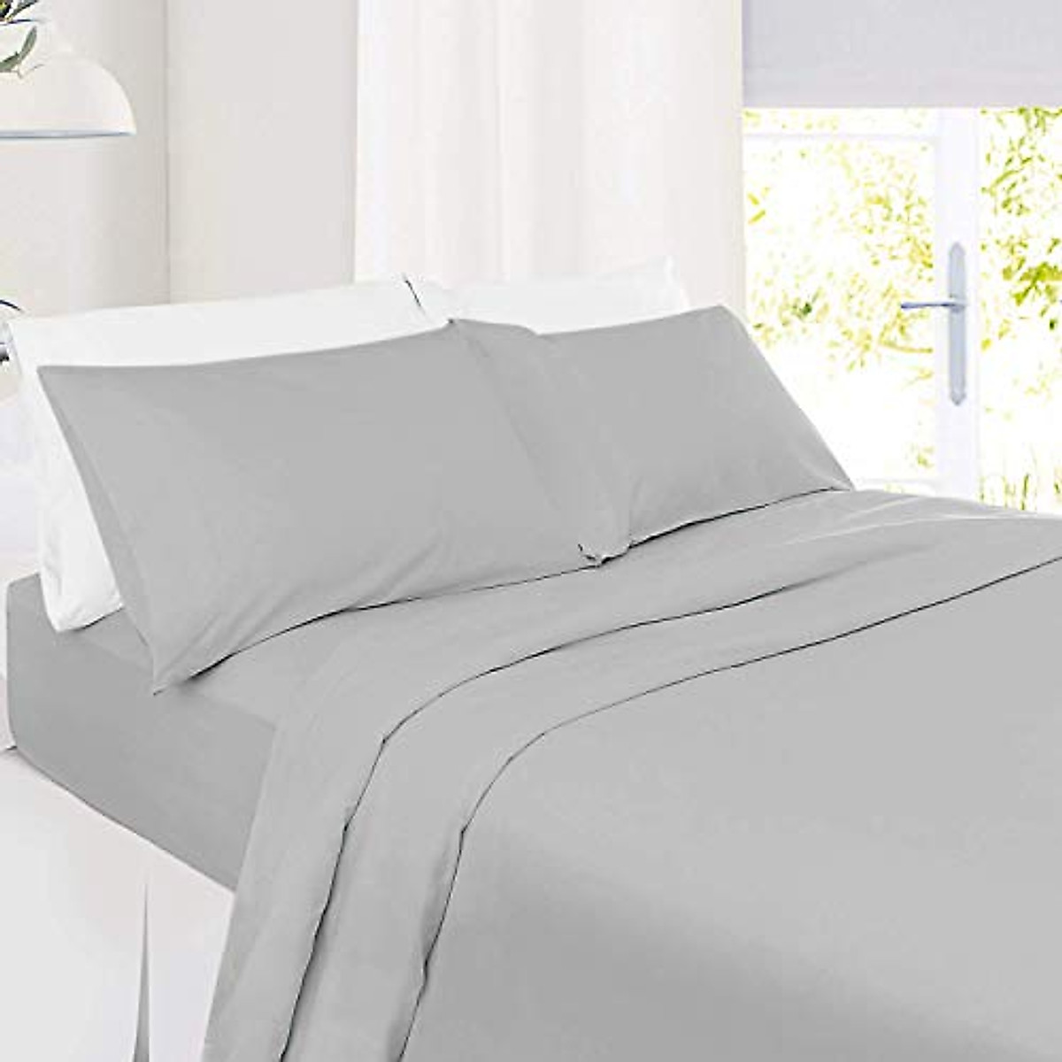 4-Piece BedSheets Set-800 Thread Count-100% Cotton Bedding Set for Cal-King Size Bed-Long Staple Cotton Soft Sateen Weave, Fits Upto 14'' Deep Pockets Fitted Sheet-Light Grey