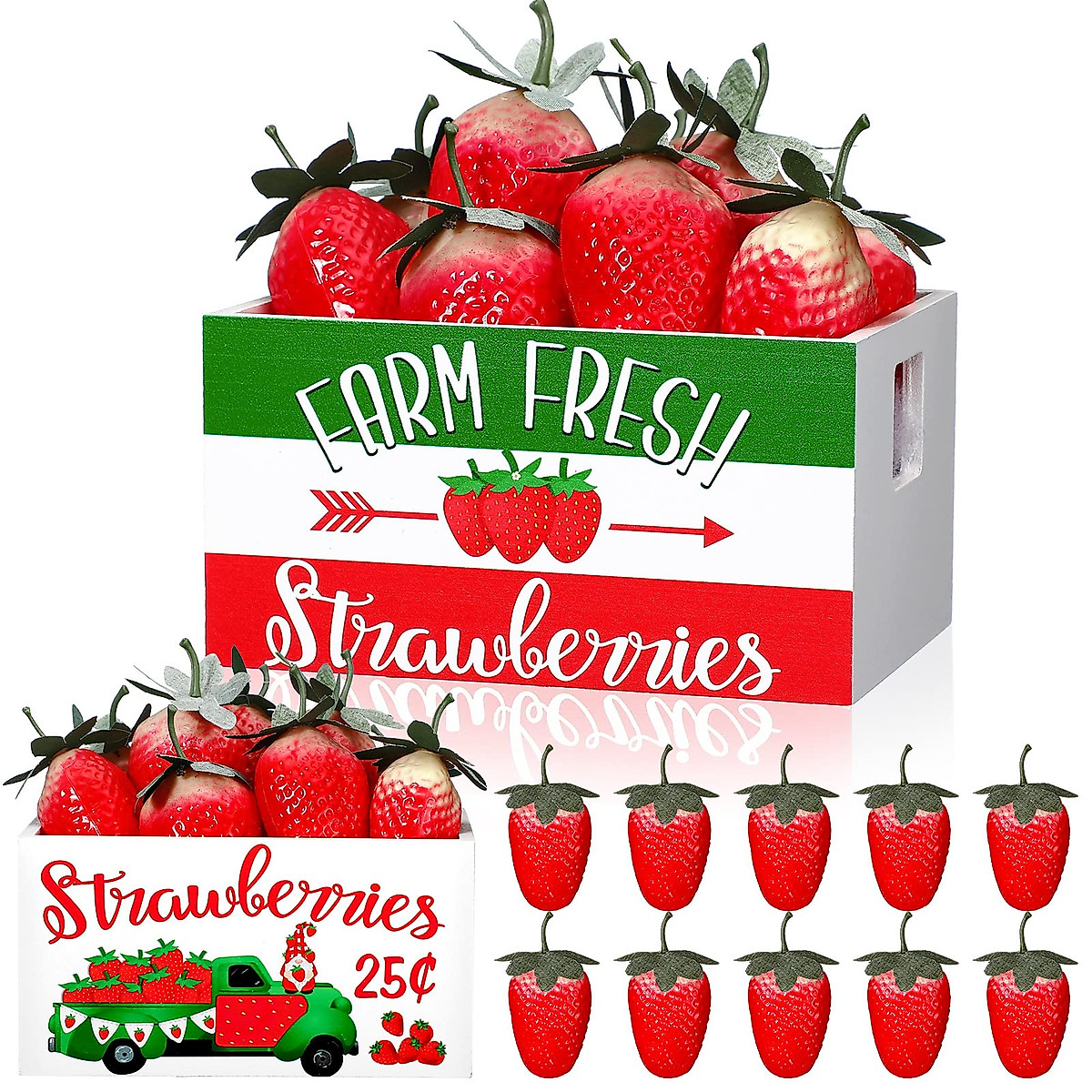 Lemon Decor Mini Wooden Crate Set Summer Tiered Tray with 8 Faux Lemons Beach Wooden Crate Decor with Shell Farmhouse Strawberry Wooden Crate Summer table Decor for Kitchen Decor (Strawberry Style)