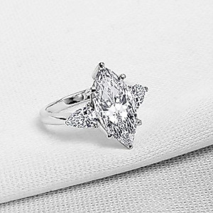 AINUOSHI Rhodium Plated 925 Sterling Silver Marquise Solitaire Cubic Zirconia CZ 3-Stone Anniversary Engagement Wedding Ring (6.5)