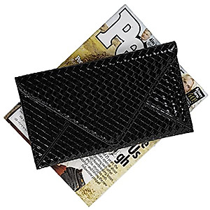 JNB Weaved Faux Patent Leather Glossy Envelope Clutch,Black2