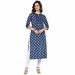 Janasya Women's Blue Printed Cotton Kurta