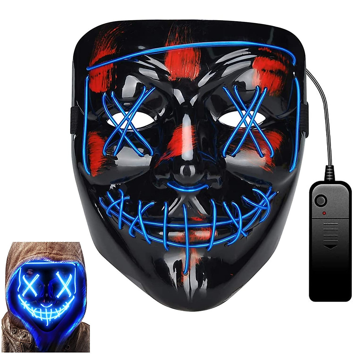 PENGYOU LED Halloween Mask Face El Wire Glow Scary Purge Light Up Masks LED for Women Men Kids Festival Gifts Blue, 8x6.9x3.5 inches