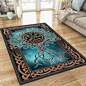 Living Room Rug - 5' x 8' Rug - Viking Gifts for Men - Bedroom Dinning Room Rug - Tree of Life Norse Decor Vikings Blue Area Rug - Rug for Bedroom Aesthetic