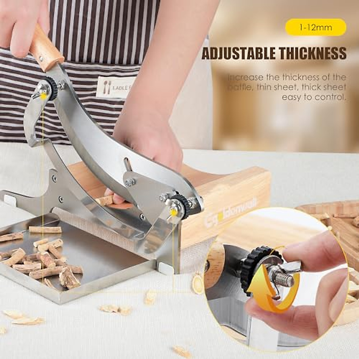 CGOLDENWALL 2 Blades Chinese Medicine Slicer Manual Radiused Biltong Slicer, with Magnetic Stainless Steel Tray, for Chinese Herbs, Biltong, Beef Jerky, Hard Fruits and Vegetables, Nougat