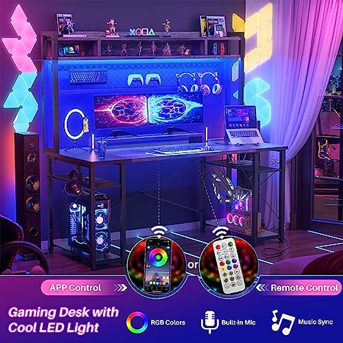 armocity 2024 Upgrade Gaming Desk with Hutch, 55.2'' Magic Computer Desk with LED and Outlets, Reversible Workstation Desk with Pegboard, Grey/Black