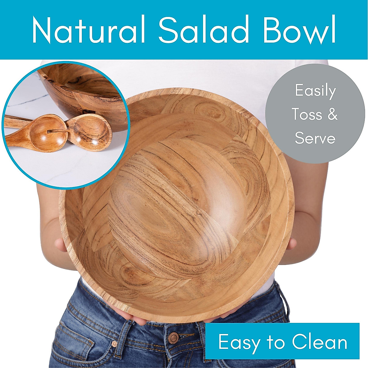 BIRDROCK HOME 3 Piece Wooden Salad Serving Bowl and Utensils | Acacia Wood Server Set | Salad, Fruit or Side Hands | Large