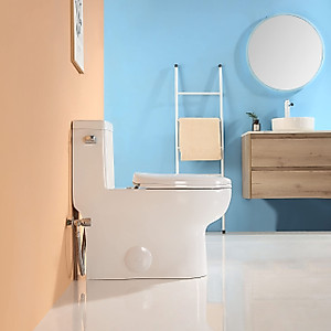 HOROW HR-ST076W Elongated Toilet with Left-Hand Trip Lever, One Piece Toilet for Bathroom, Soft Closing Seat Include, Single Side Flush High Efficiency 1.28 GPF, 12'' Rough-In, White Toilet Bowl