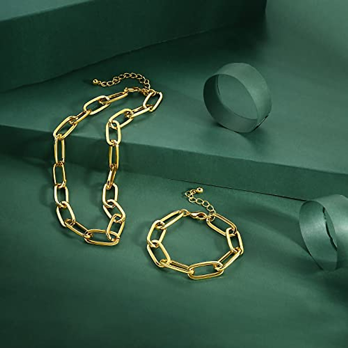 LANE WOODS Gold Chain Necklace and Bracelet for Women Ladies Dainty and Chunky Chain Link Paperclip Jewelry Set