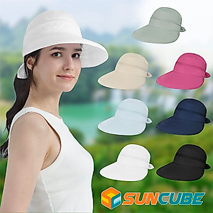 SUN CUBE Women Sun Hat for Outdoor UV Protection, Wide Brim Sun Hat Ponytail, Convertible Zip-Off Beach Hat Visor for Golf Gardening Pool Travel, Foldable Summer UPF50+ Visor Hat, White