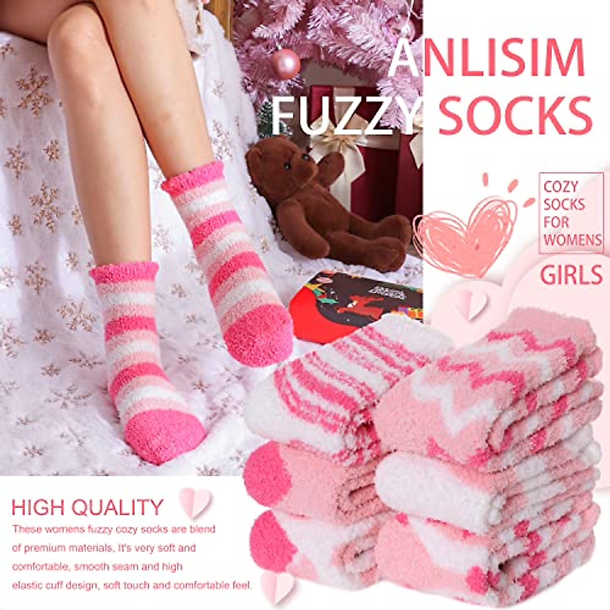 Anlisim Fuzzy Socks for Women Cozy Fluffy Winter Cabin Girls Slipper Warm Fleece Soft Thick Comfy Valentines Day Gift for Her Galentines Day Gifts Stocking Stuffer Christmas Home Socks(Pink(6 Pairs))