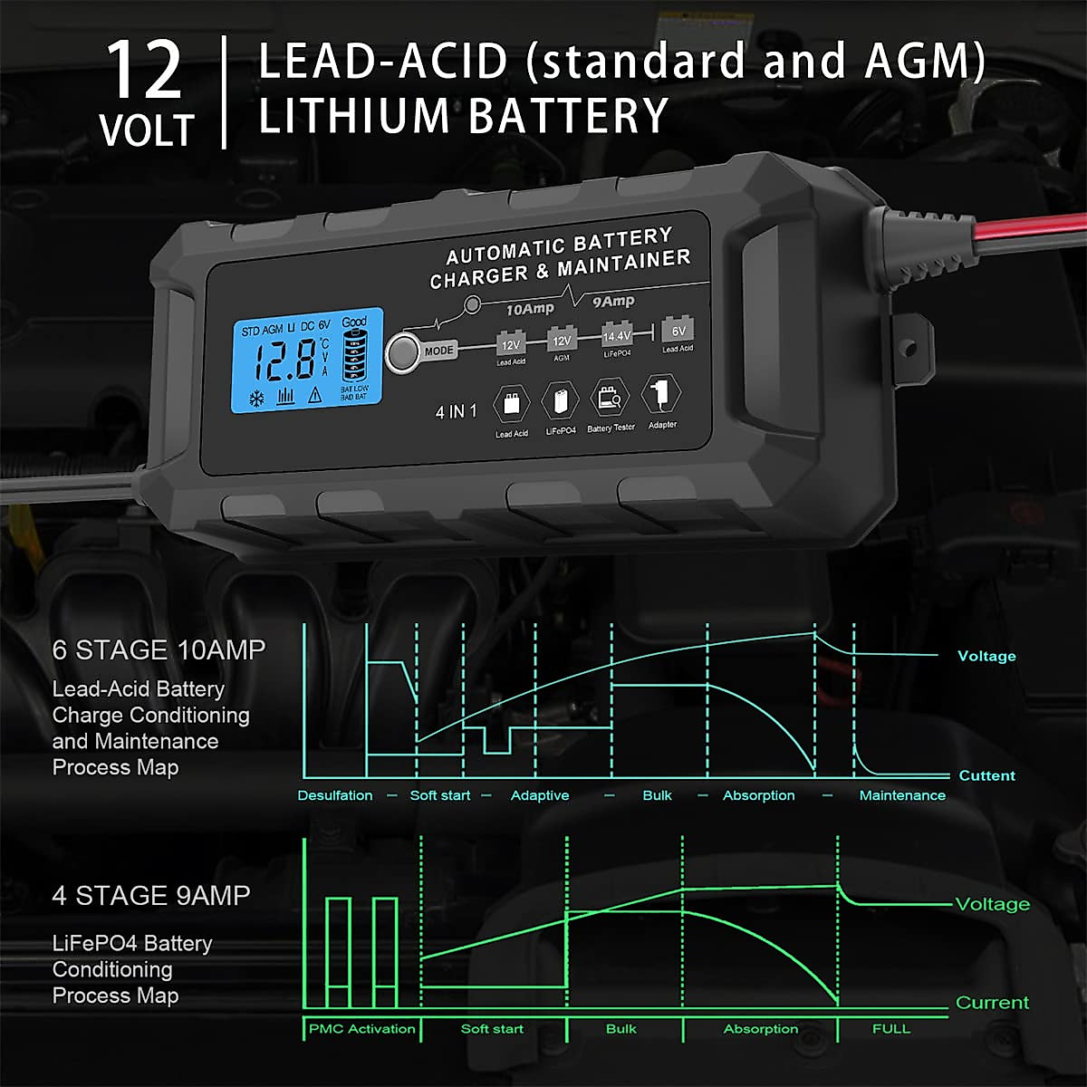 Andeman 10-Amp Automotive Smart Battery Charger, 6V 12V 10A / 14.4V 9A Portable Battery Tender Car Battery Charger, Deep Cycle Battery Maintainer for Car Truck Motorcycle SUV UTV ATV RV Motorboat