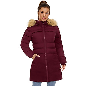 CHERFLY Women's Winter Puffer Coat Heavy Warm Long Parka Down Jacket with Fur Hood,Wine Red,Large