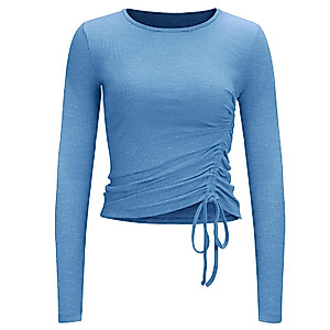 Yoga Tops for Women Ruched Long Sleeve(Blue,S)