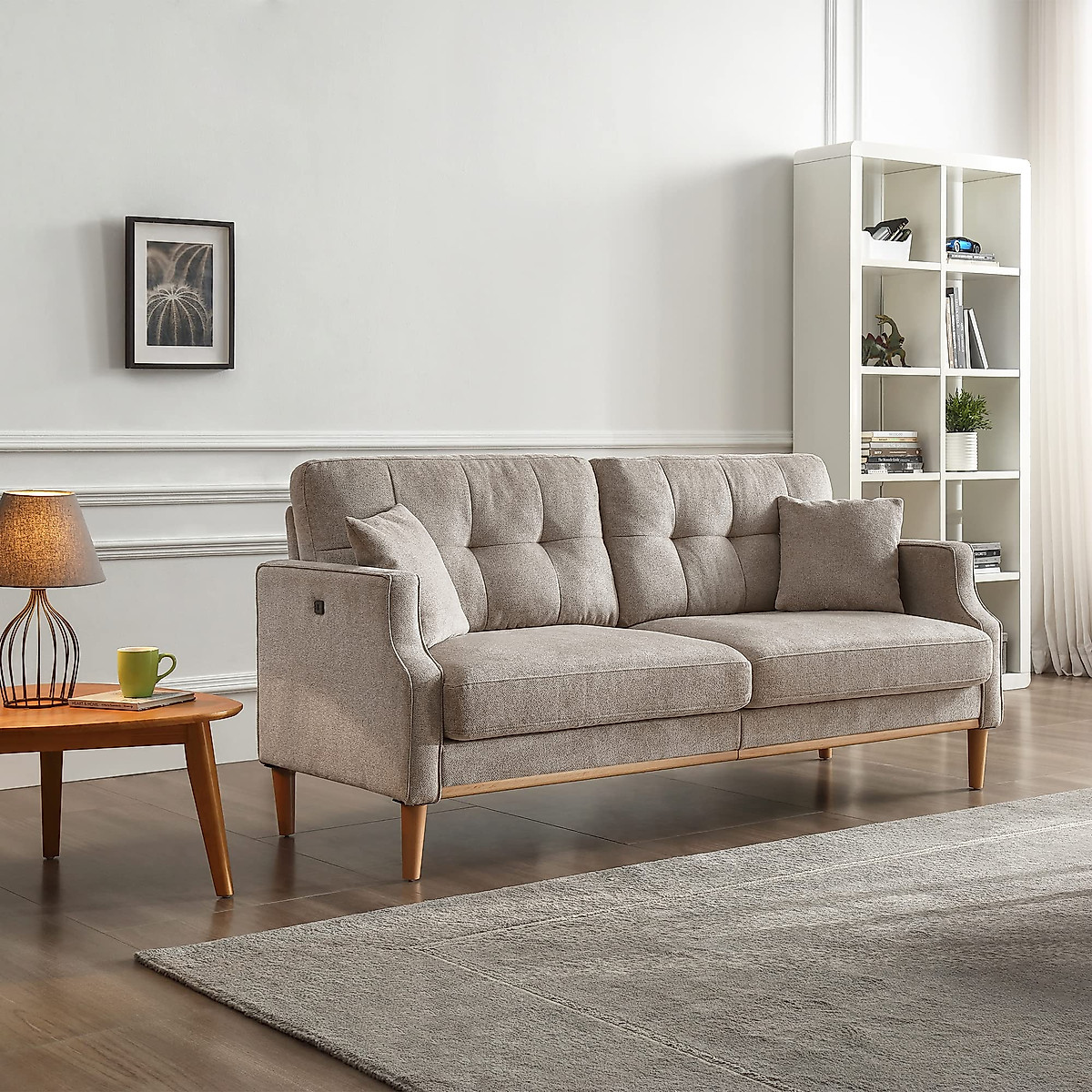 ARCLIS 70" Mid-Century Modern Loveseat with 2 Throw Pillows, Fabric Sofa for Living Room with USB Charging Ports, Tufted Upholstered Couch with Solid Wood Leg for Small Space Apartment Office (Grey)