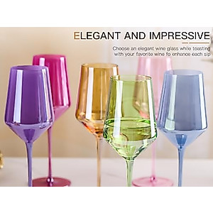Colored Wine Glasses Set of 6-15oz Hand Blown Colorful Crystal Long Stem Wine Glasses, Unique Colored Glassware for Party,Home Bar