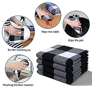 Mordimy 100% Cotton Waffle Weave Kitchen Towels, 13 x 28 Inches, Super Soft and Absorbent Buffalo Check Dish Towels for Drying Dishes, 4-Pack, Black & White