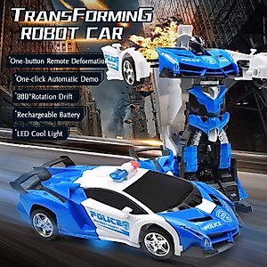 Transform Remote Control Car,RC Police Cars Transforming Robot Toys for Boys 4-7 8-12,Deformation Car Toys with One Button Transformation 360 Rotation Xmas Birthday Gifts for Boys (1：18)