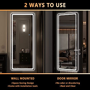 Hasipu LED Door Mirror Full Length, 44.1" x 15.8" Lighted Over The Door Hanging, Full Body Wall Mounted, Light Up Long Dressing, Round Black
