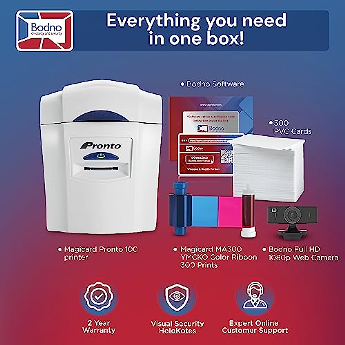 Bodno Magicard Pronto ID Card Printer & Super Supplies Package ID Software, Camera, 300 Cards and 300 Print Ribbon - Bronze Edition