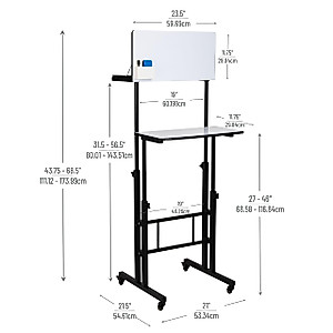 Mind Reader Standing Whiteboard Desk, Adjustable Height, Computer Desk, Laptop Desk, Portable, Rolling, 21" L x 21.5" W x 68.5" H, White